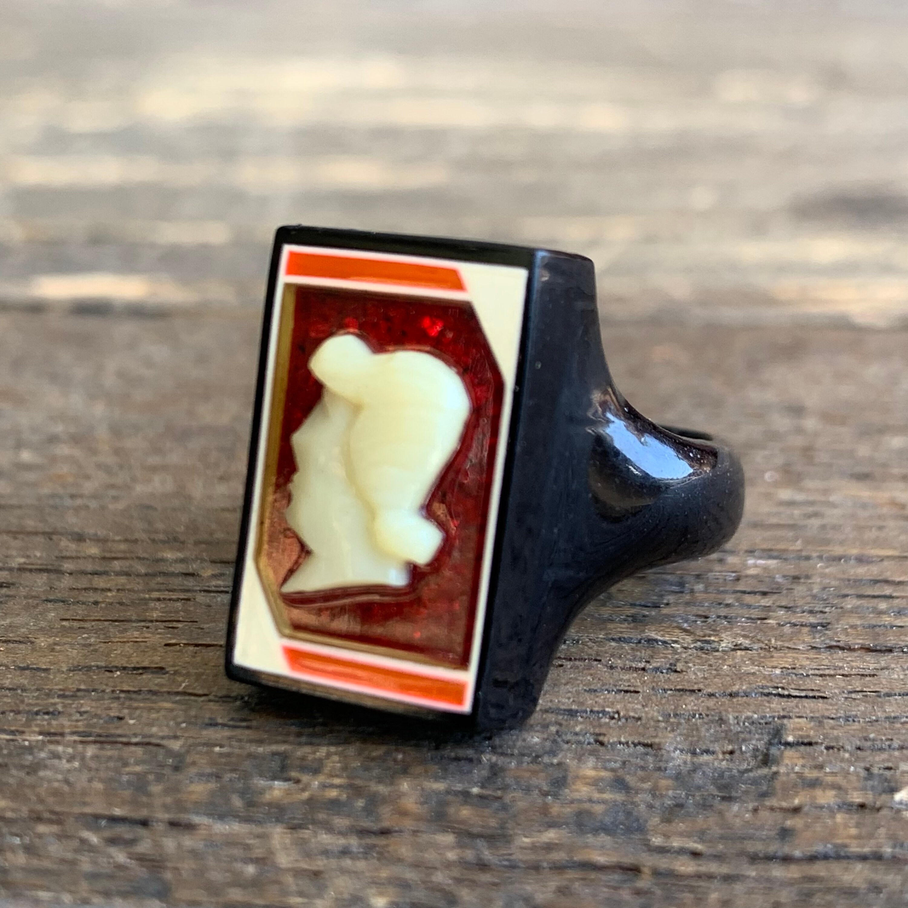 Vintage Bakelite Lucite Early Plastic Cameo Prison Mens Ring - Trench ...