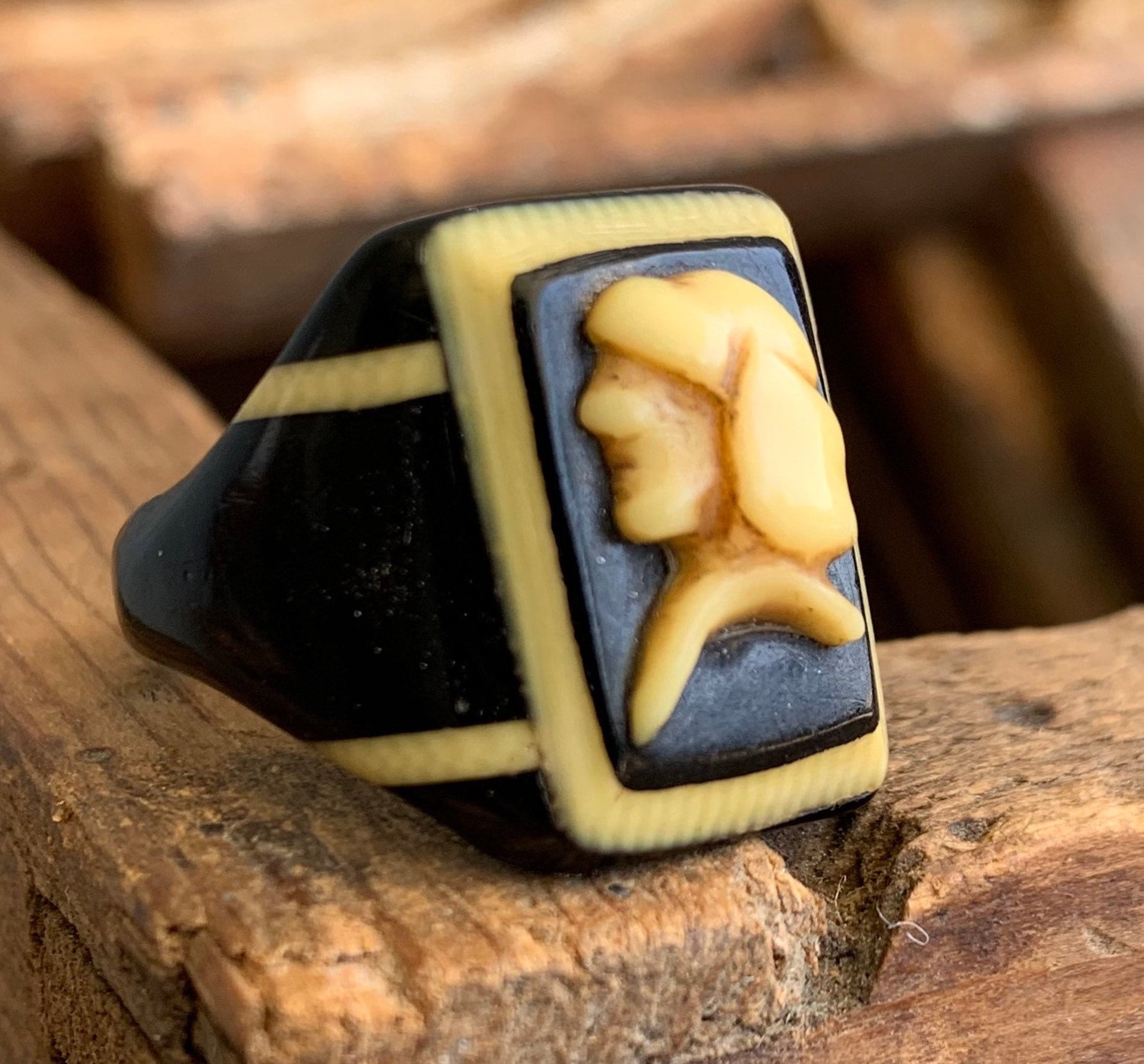 Vintage Bakelite Lucite Early Plastic Cameo Prison Mens Ring - Trench ...