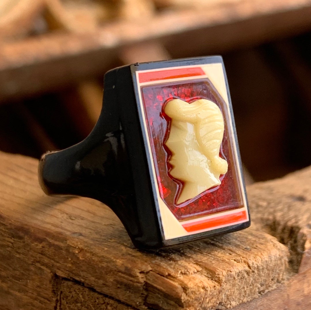 Vintage Bakelite Lucite Early Plastic Cameo Prison Mens Ring - Trench ...