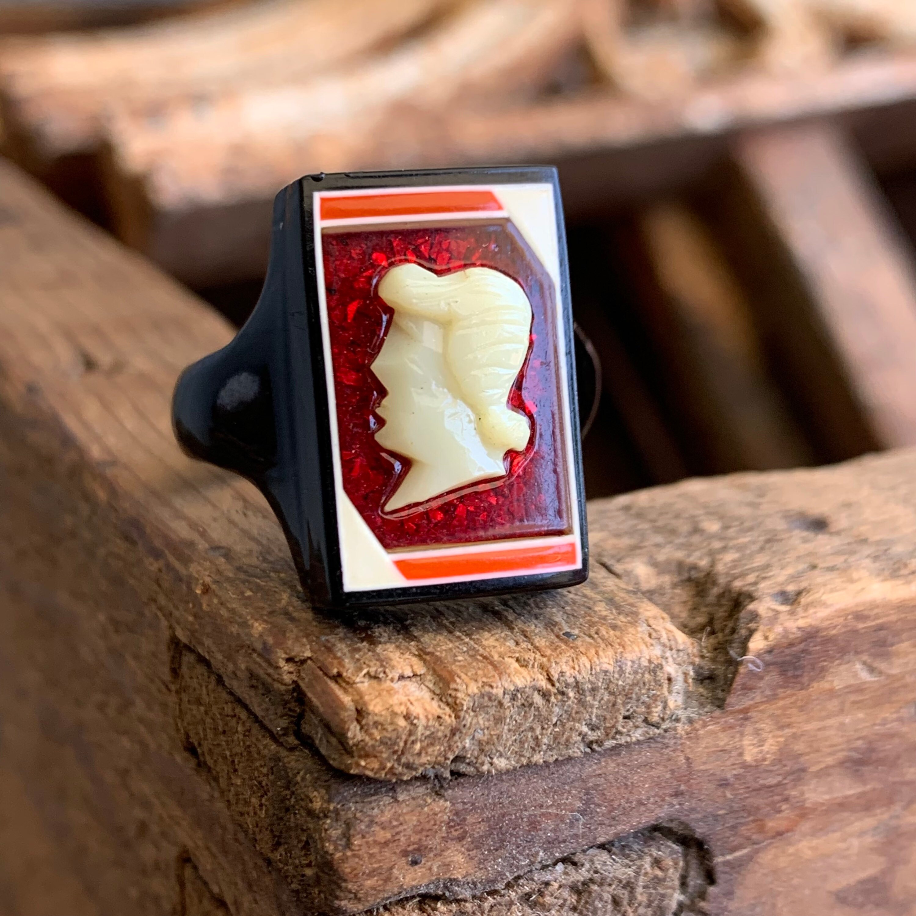 Vintage Bakelite Lucite Early Plastic Cameo Prison Mens Ring - Trench ...