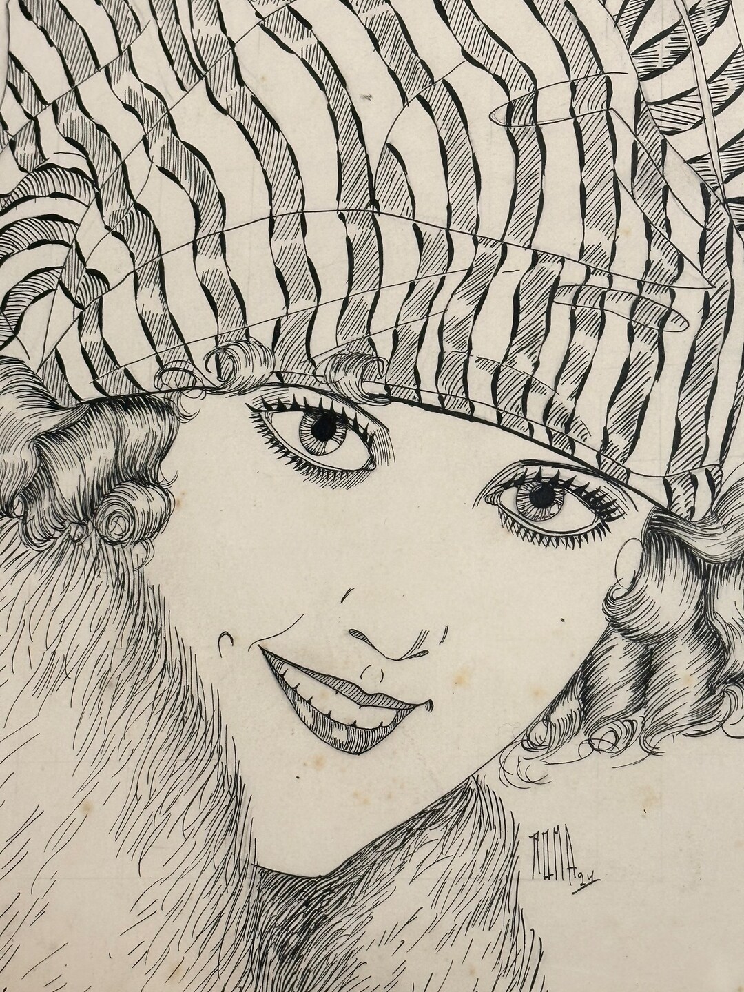 1920s Flapper Girl Line Drawing Signed Dated 1924 Original Art Female ...