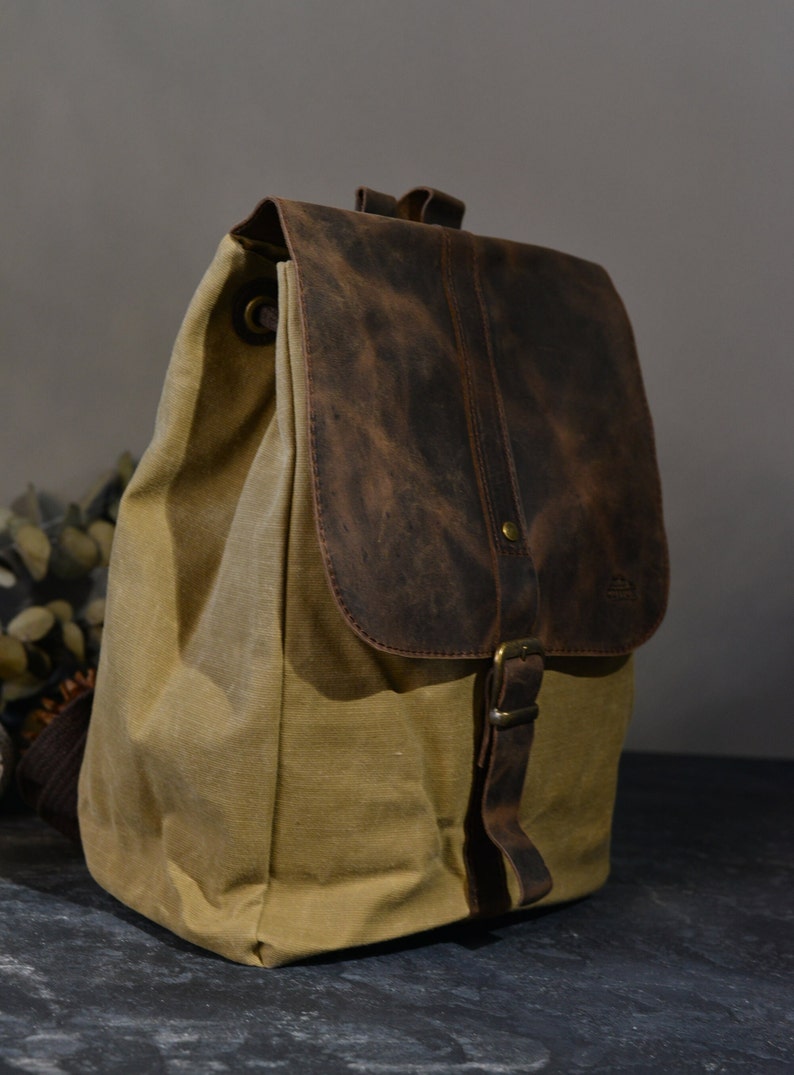 Rustic Canvas Backpack With Leather Flap | Rugged Brown Leather Buckle ...