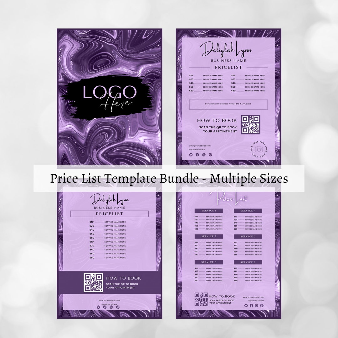 Editable Price List Template Bundle Purple Marble Glitter - Etsy Australia