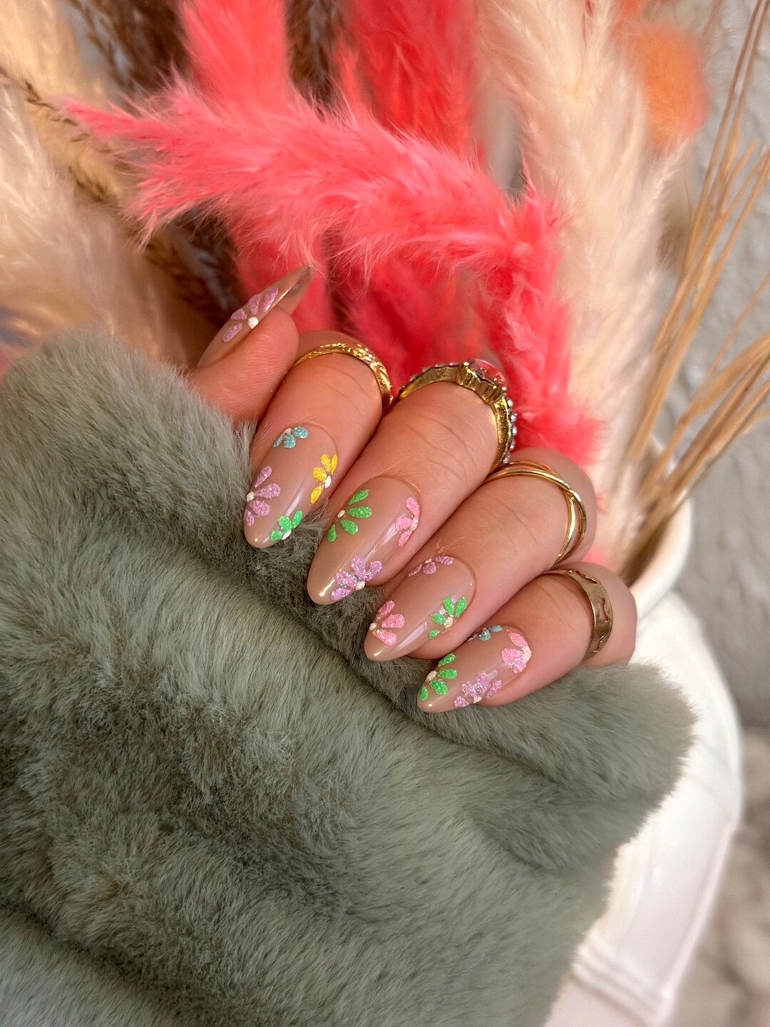 Hand Painted Press on Nails, 3D Flower Glitter Nails, Spring Nails ...