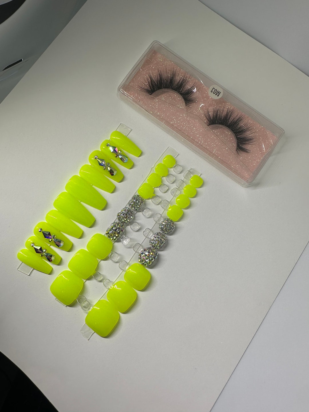 Press on Nails and Toes Beauty Box, Lashes, Neon Yellow Press on Nails ...