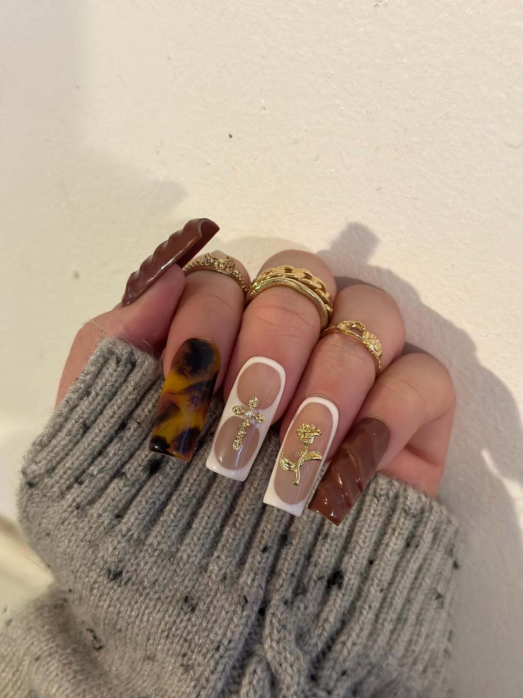 Press on Nails, Tortoise Shell Nails, Nude Brown Nails, Cross Nails, 3D ...