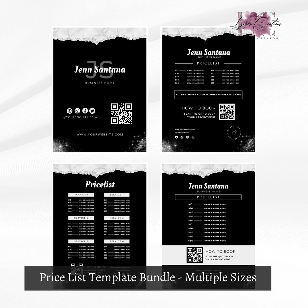 Editable Price List Template, Black and Silver Glam Price List Template ...