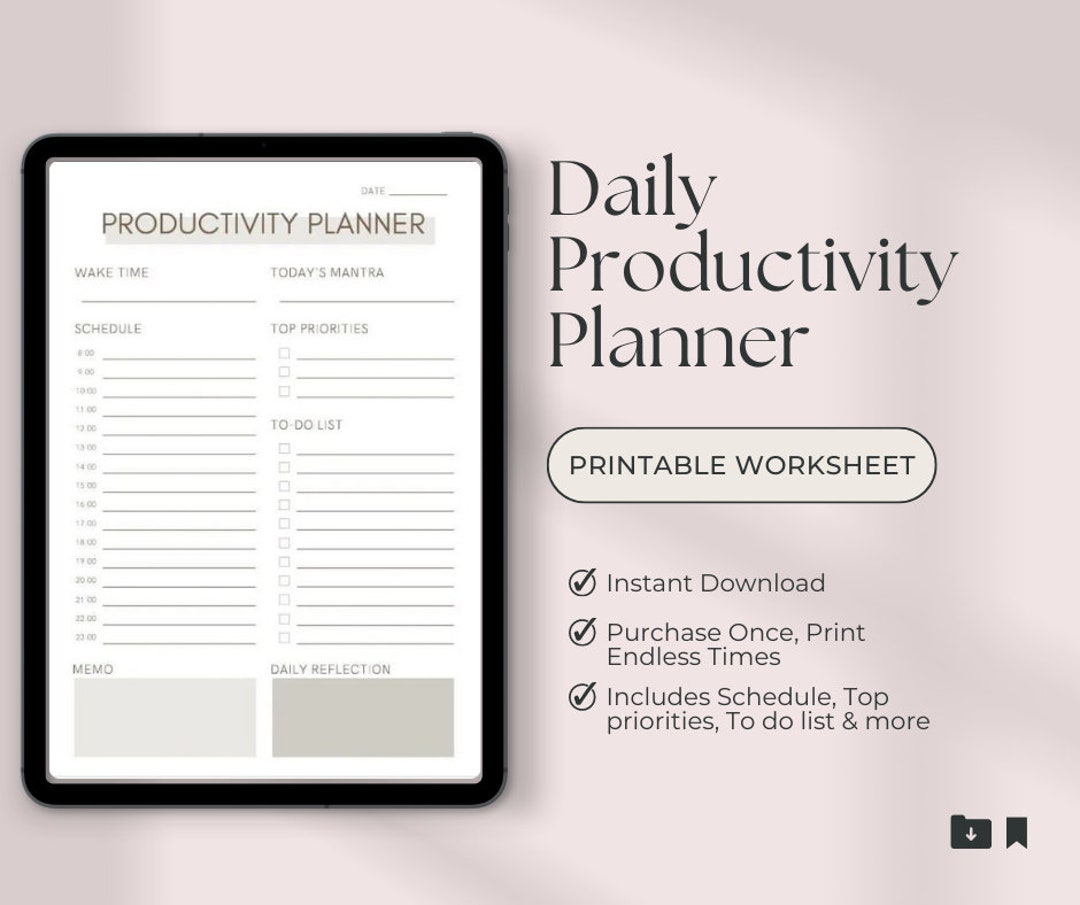 Productivity Planner Daily Worksheet, Printable. Minimalist Design ...