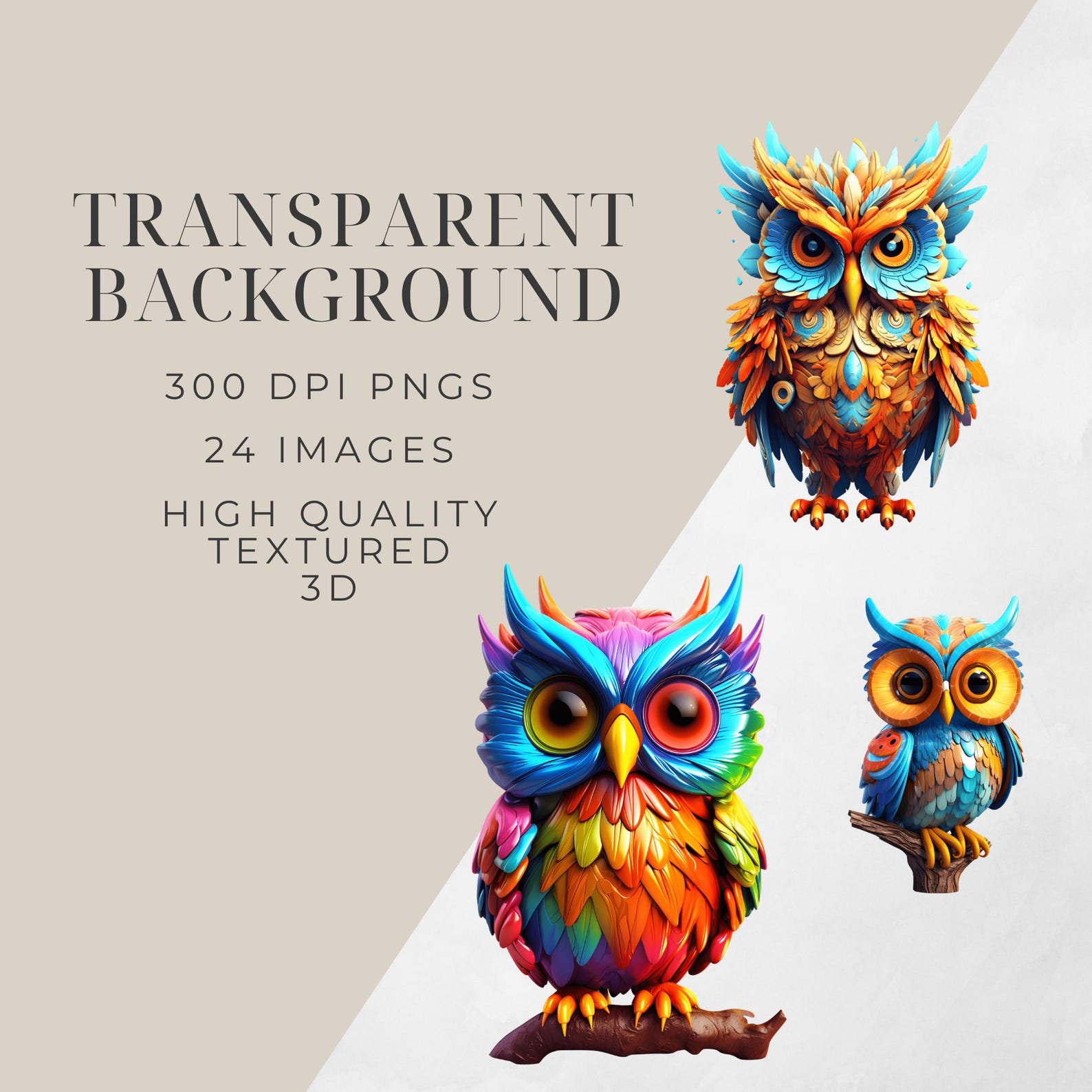 3D Owl Clipart Pack, High Quality Animal Image, 300 Dpi Graphics ...