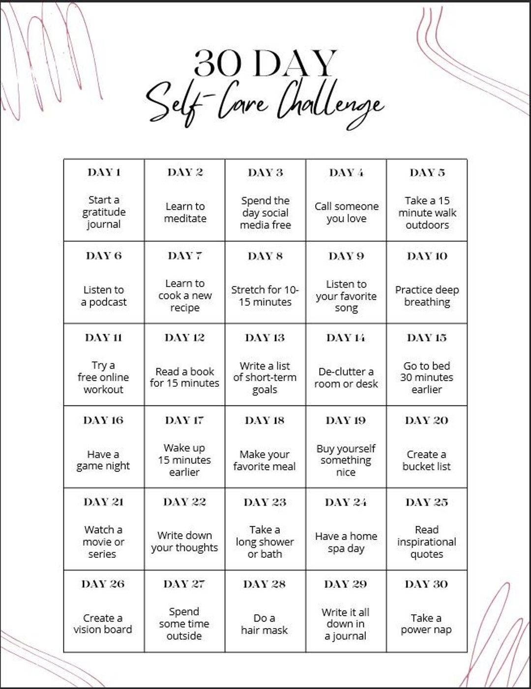 30 Day Self Care Challenge Printable Worksheet. Guide. - Etsy