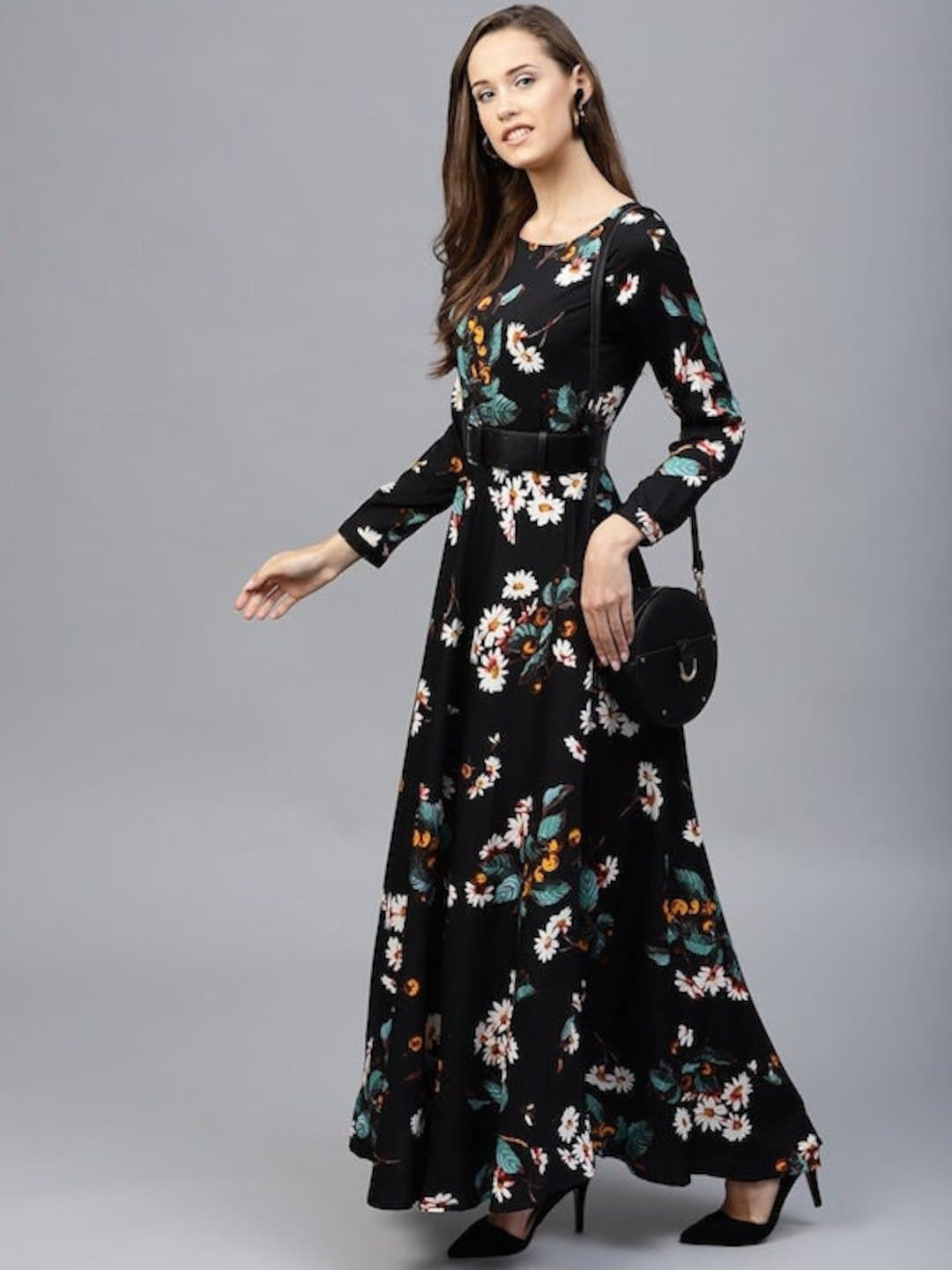 Gorgeous Black Floral Maxi Dress With Flared Hem Belt And Etsy