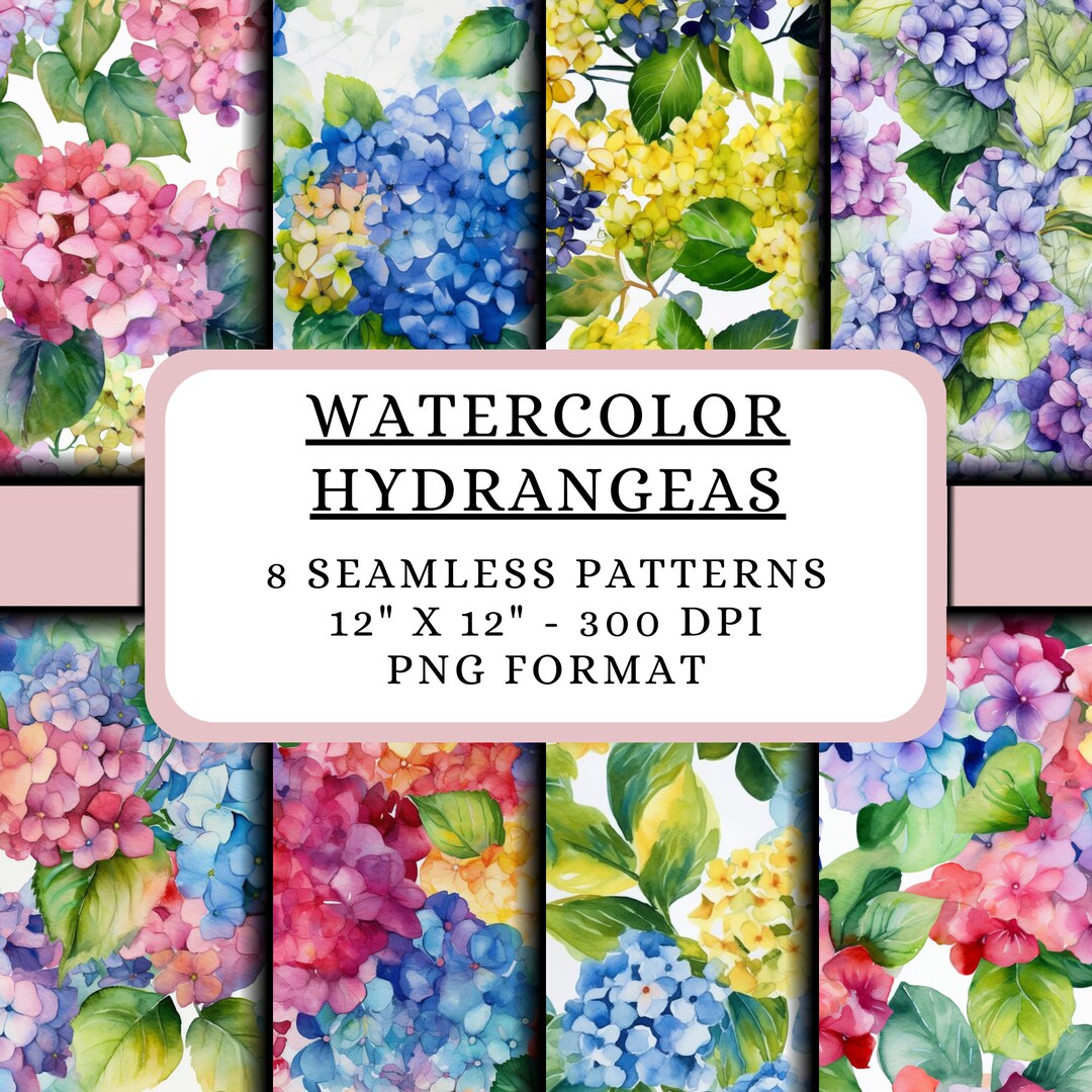 8 Seamless Watercolor Hydrangeas Digital Files Pack for Journals ...