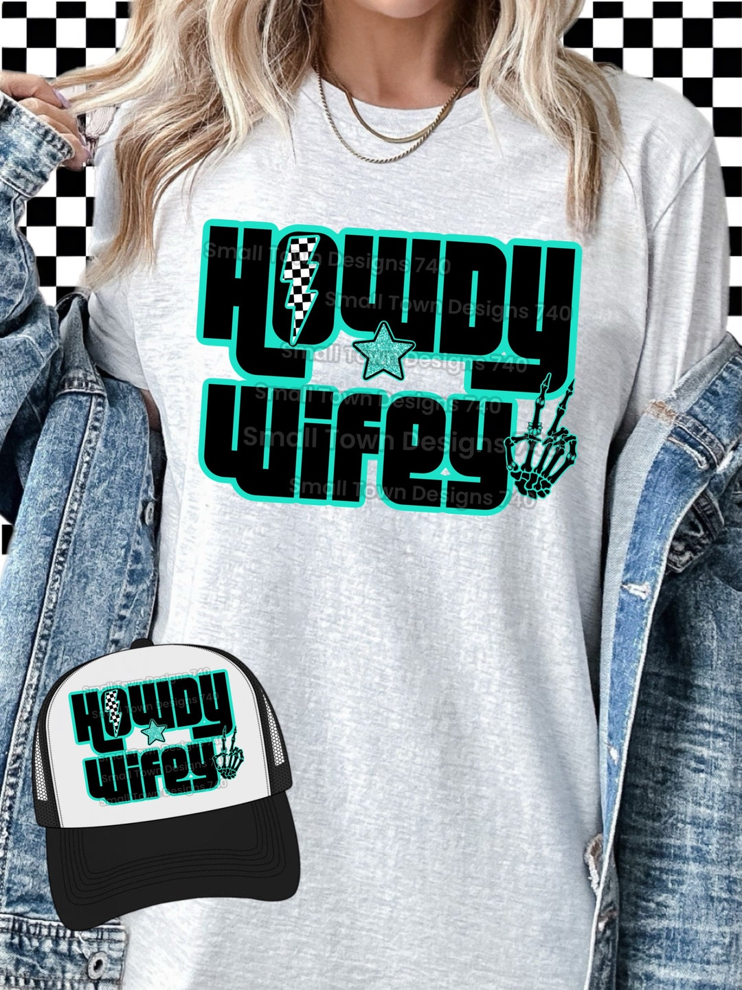 Howdy Wifey Turquoise Retro Checkered Lightening Peace - High ...