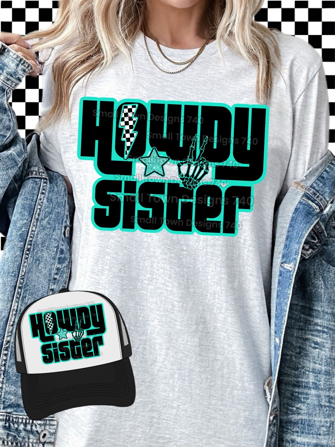 Howdy Sister Turquoise Retro Checkered Lightening Peace - High ...