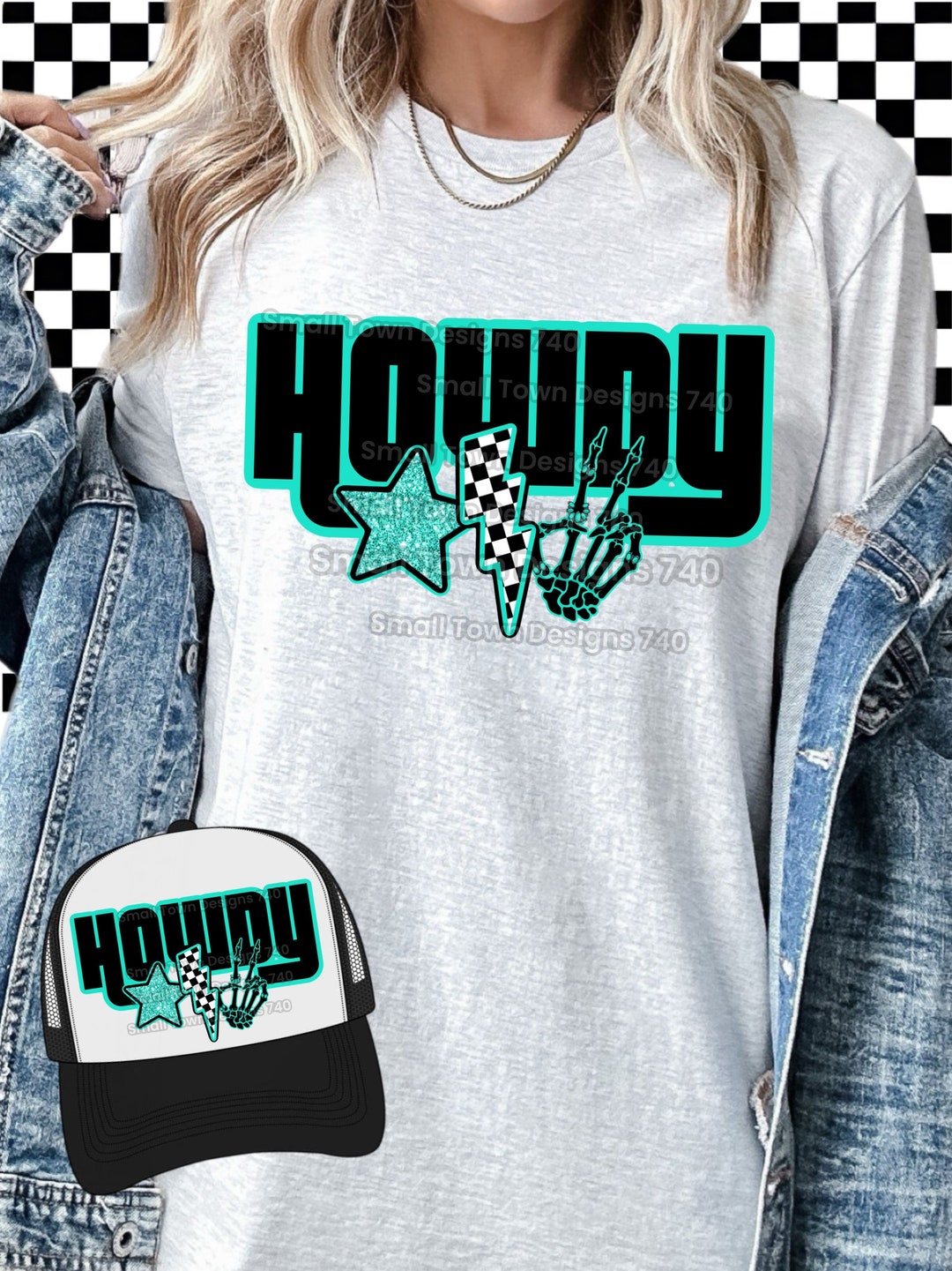 Howdy Turquoise Retro Checkered Lightening Peace - High Resolution PNG ...