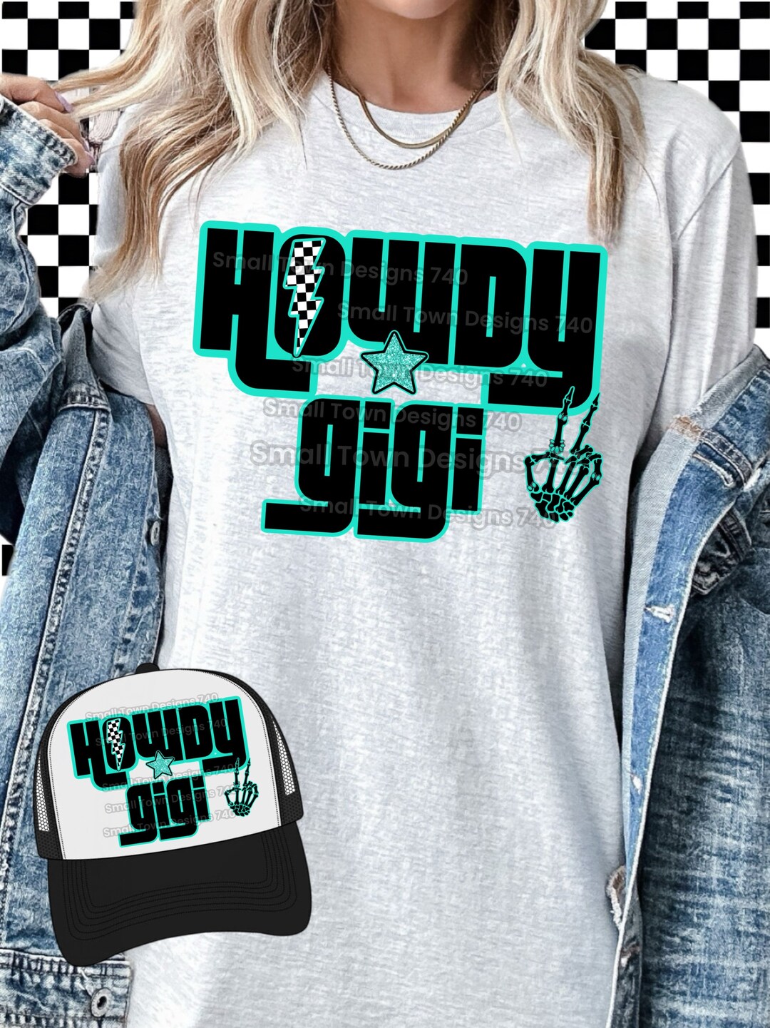 Howdy Gigi Turquoise Retro Checkered Lightening Peace - High Resolution ...