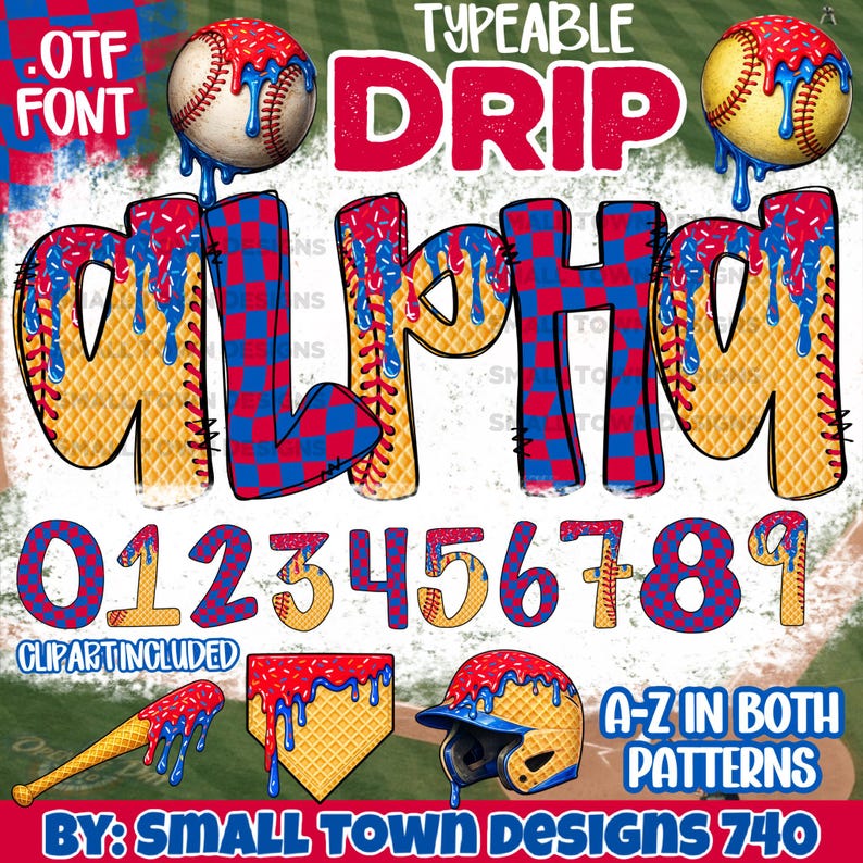 Hand Drawn Drip / Checkered Baseball or Softball Alphabet TYPEABLE .OTF ...
