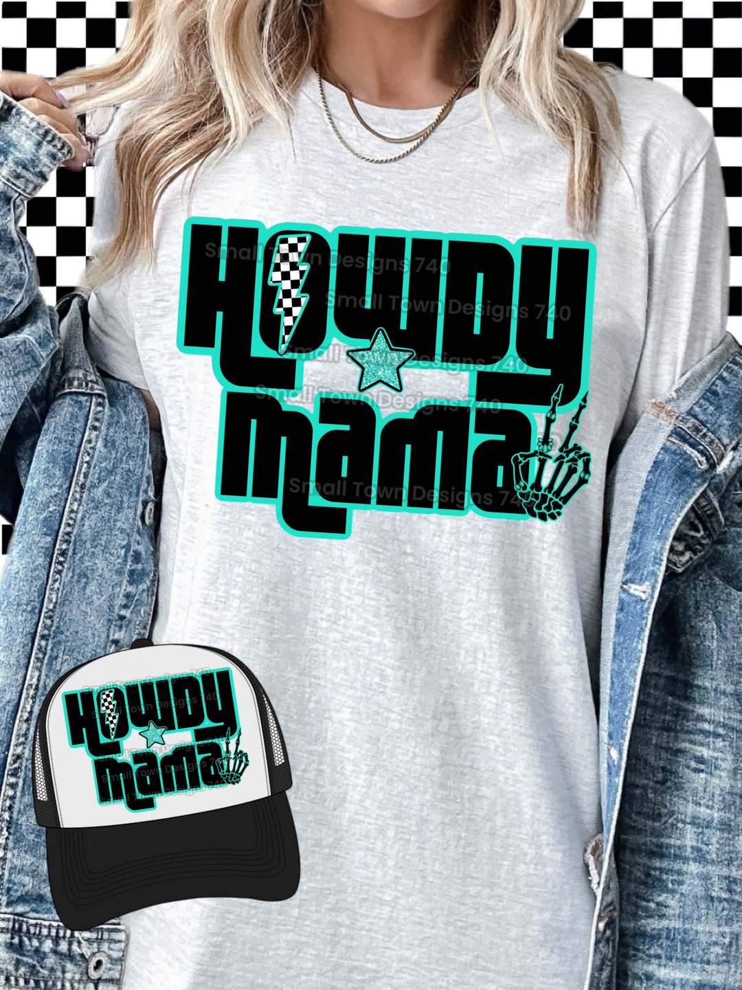 Howdy Mama Turquoise Retro Checkered Lightening Peace - High Resolution ...