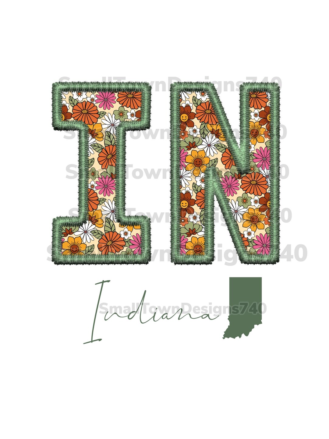 Indiana State Abbreviation Vintage Floral Smiley Green Faux Embroidery ...