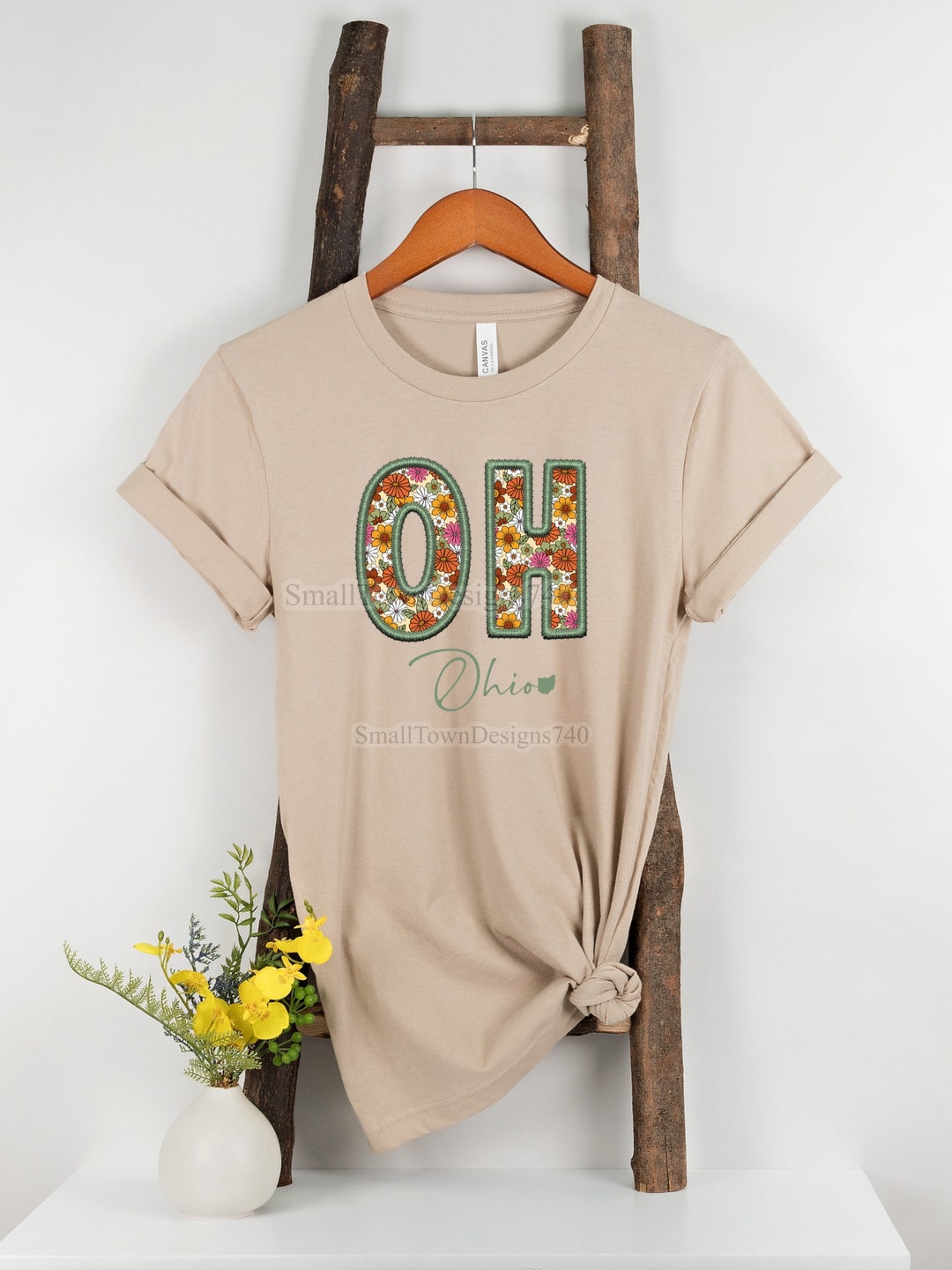 Ohio OH State Abbreviation Floral Print Faux Embroidery Stitch High ...