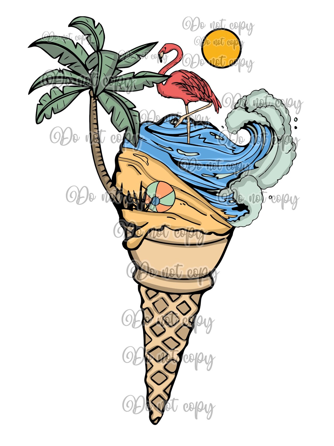 Beach Summer Hand Drawn Art Ice Cream Cone Scene Waves Flamingo Ball ...