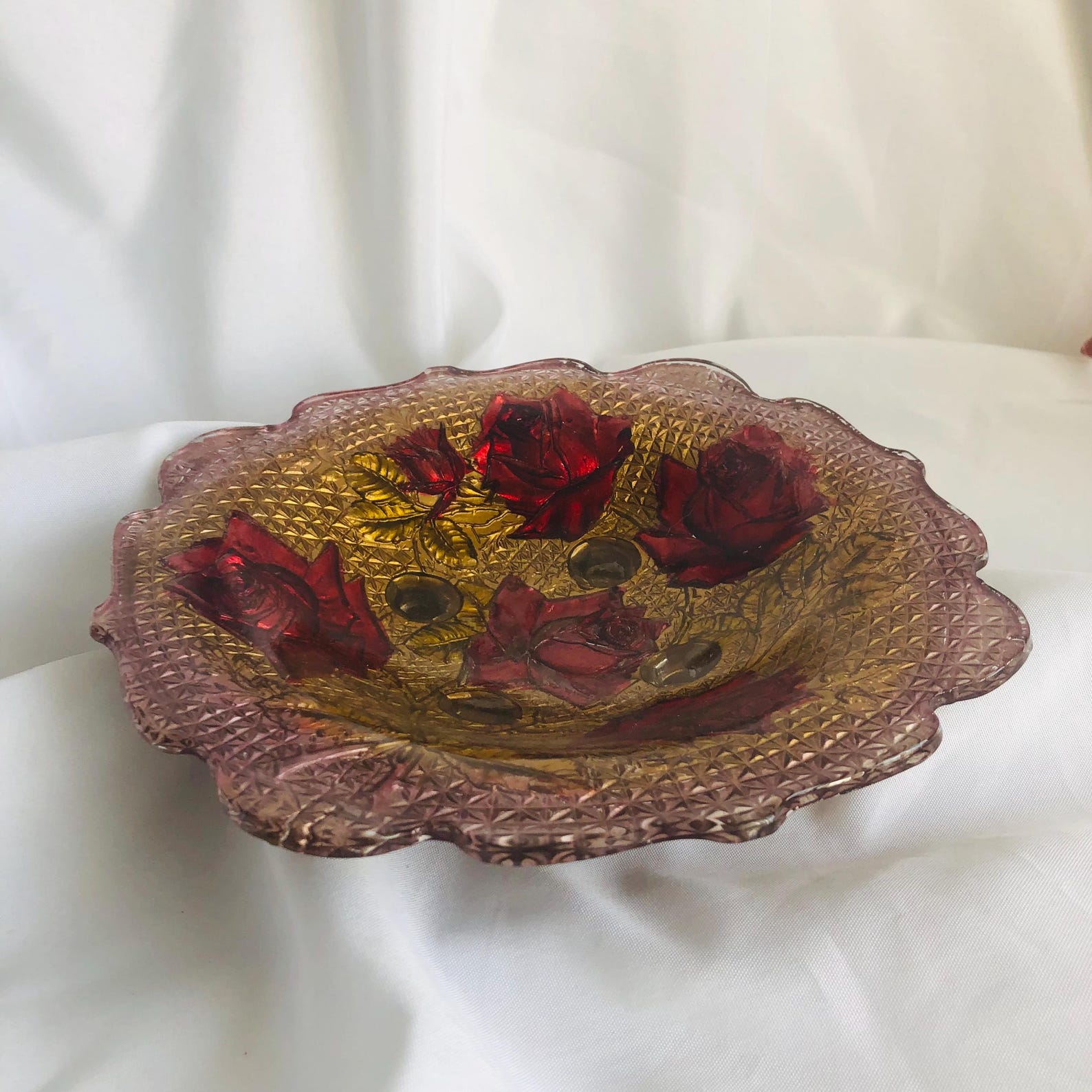 Vintage Goofus Glass Intaglio Red Gold Flower Design Footed Bowl Plate ...