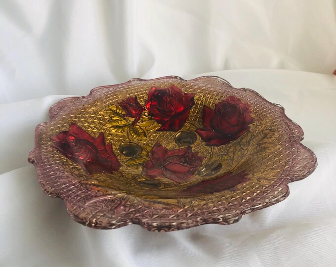 Vintage Goofus Glass Intaglio Red Gold Flower Design Footed Bowl Plate ...