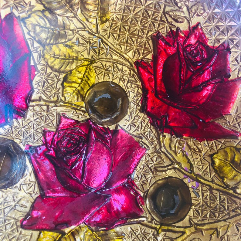 Vintage Goofus Glass Intaglio Red Gold Flower Design Footed Bowl Plate ...