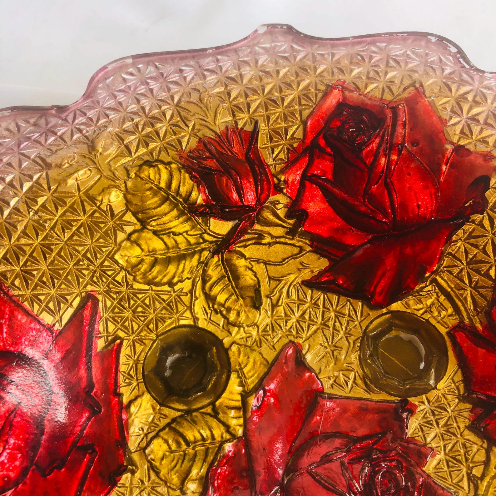 Vintage Goofus Glass Intaglio Red Gold Flower Design Footed Bowl Plate ...