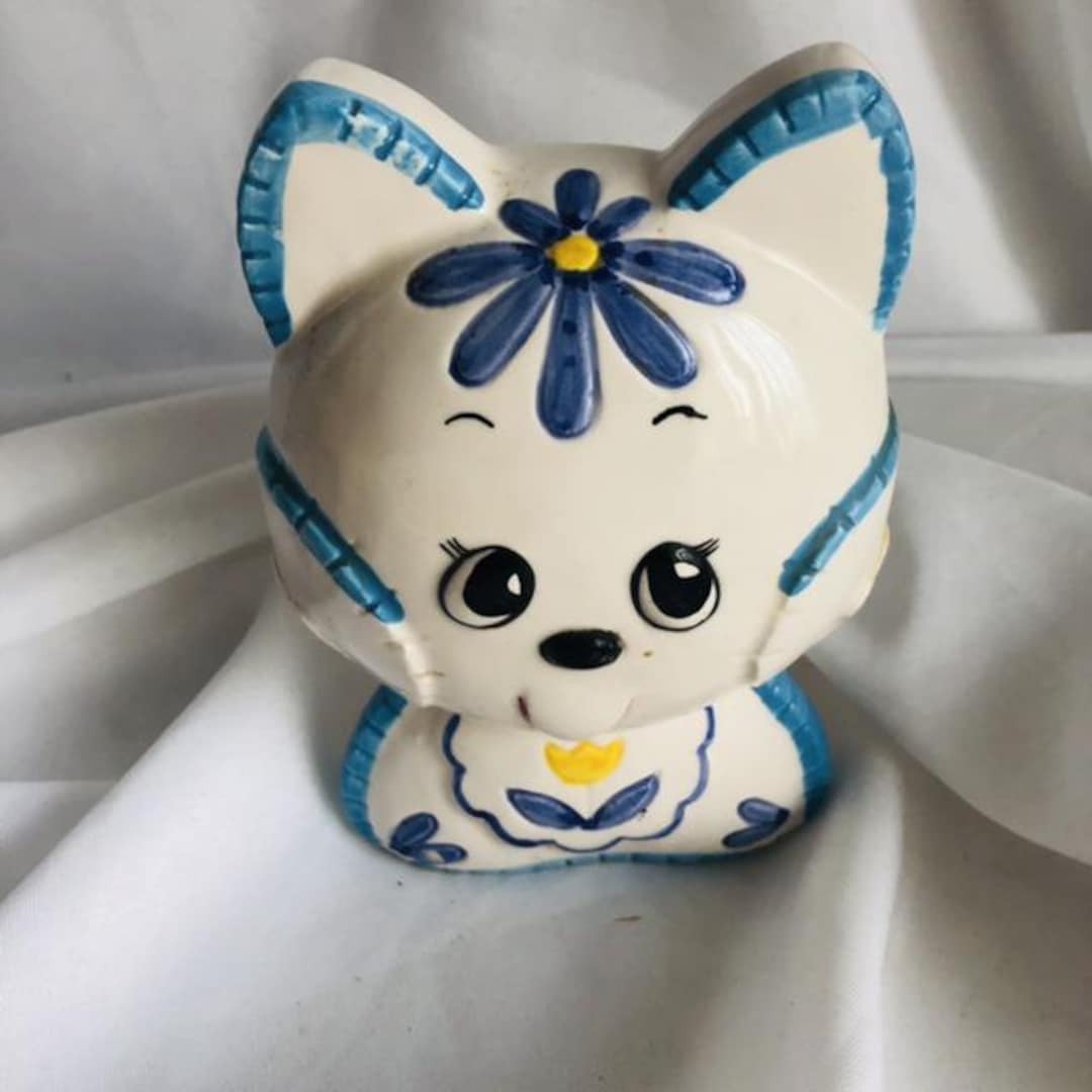 Vintage Ceramic Cat Coin Bank – Made in Japan, Blue Floral Kawaii Kitty ...