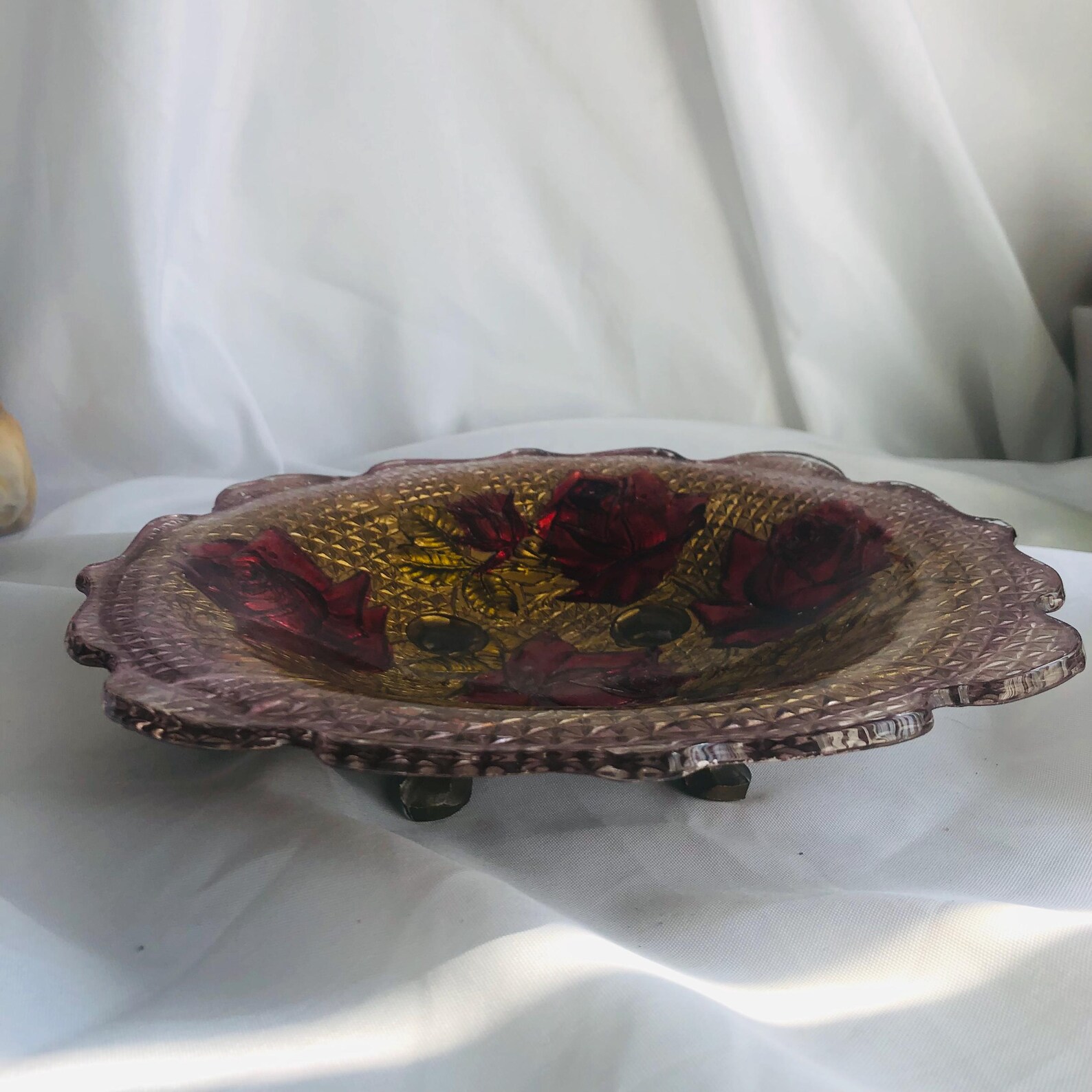 Vintage Goofus Glass Intaglio Red Gold Flower Design Footed Bowl Plate ...