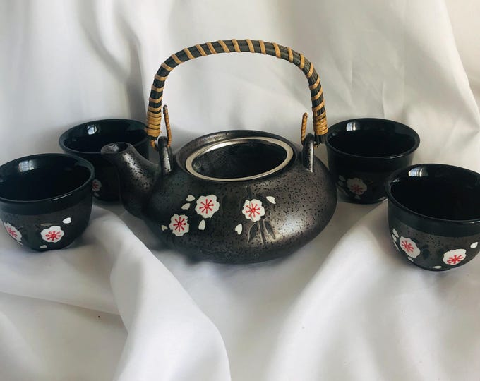 VTG Japanese Sakura Tea Set 5-piece Stoneware Teapot & Cups – Speckled ...