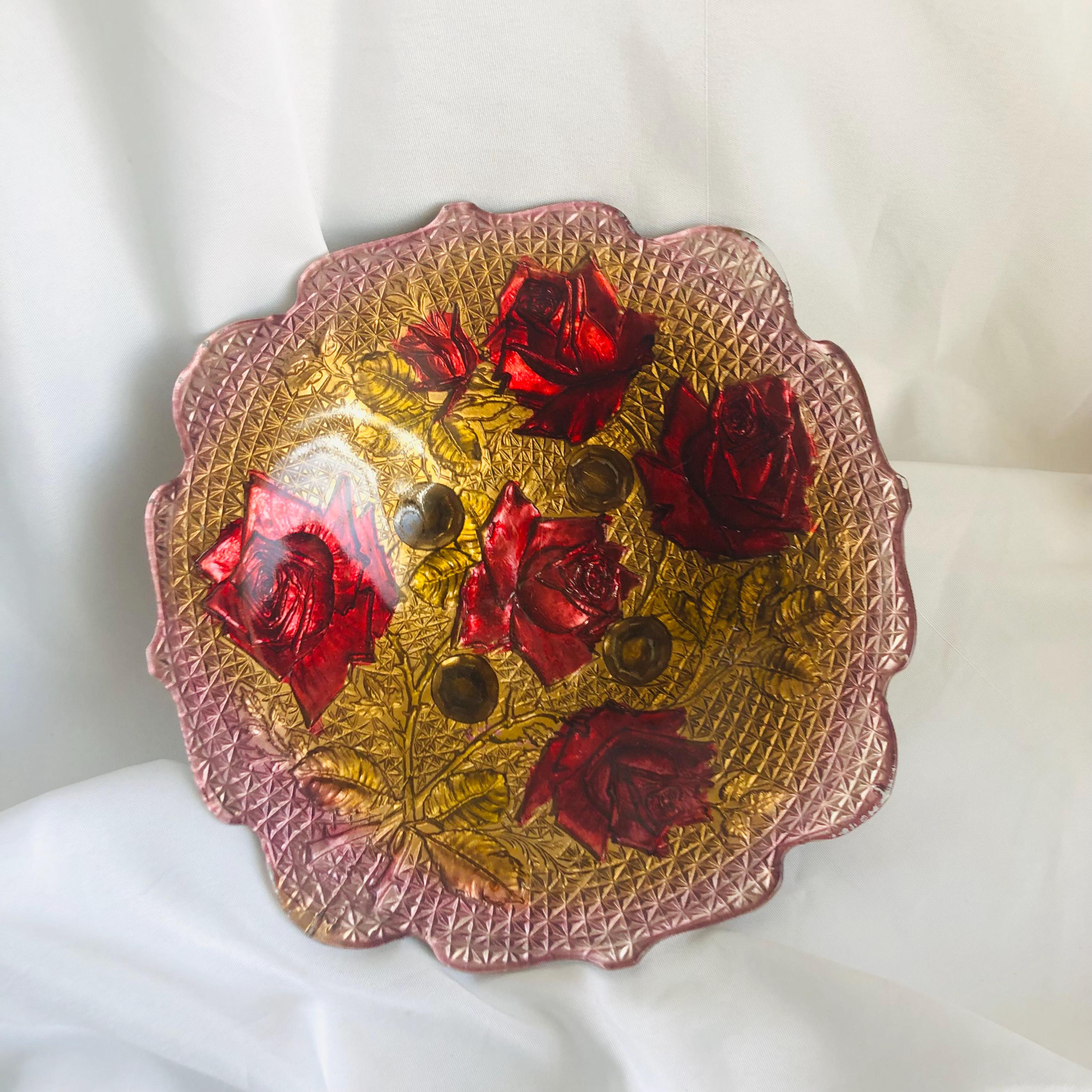 Vintage Goofus Glass Intaglio Red Gold Flower Design Footed Bowl Plate ...