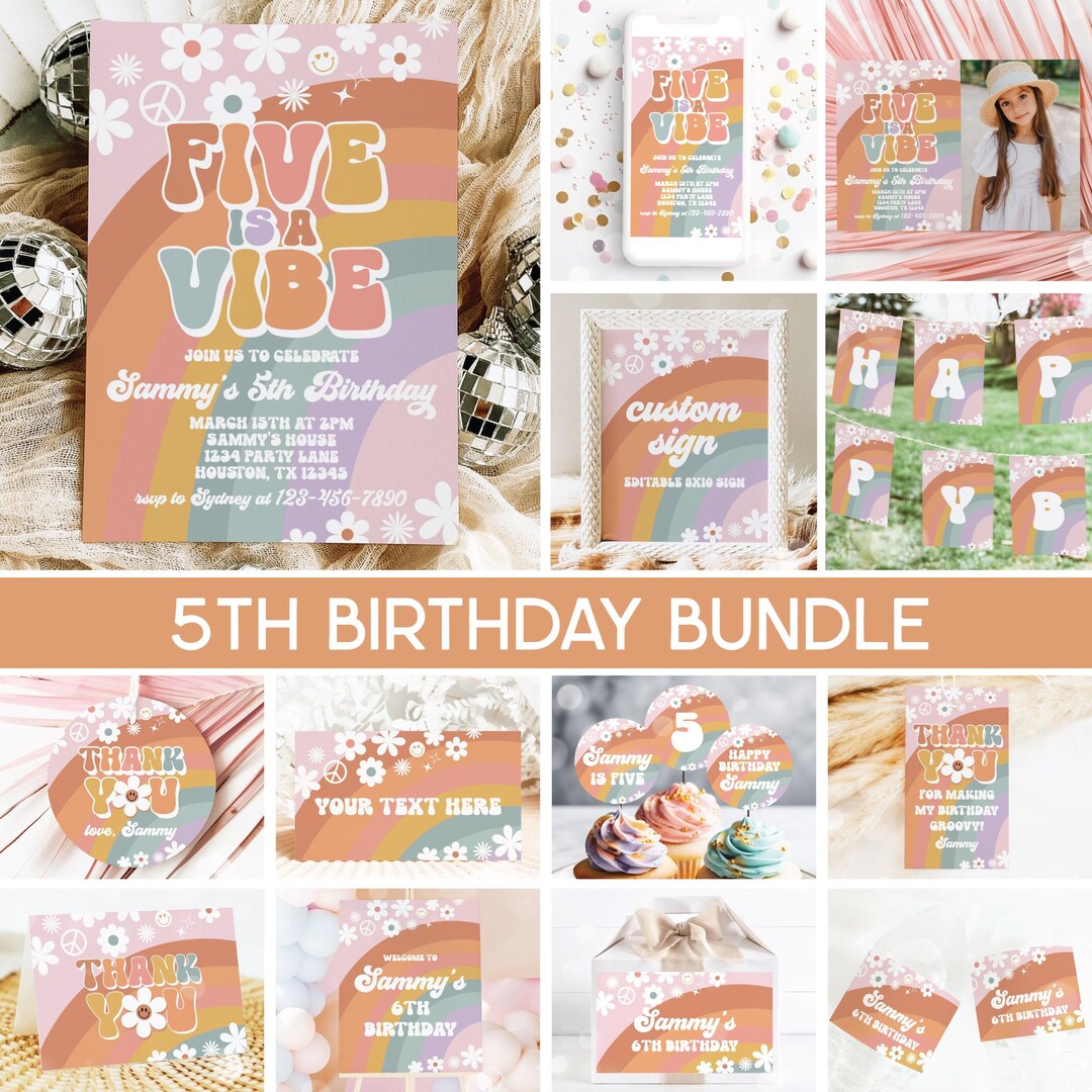 Groovy 5th Birthday Party Bundle Five is a Vibe Invitation Flower Power ...