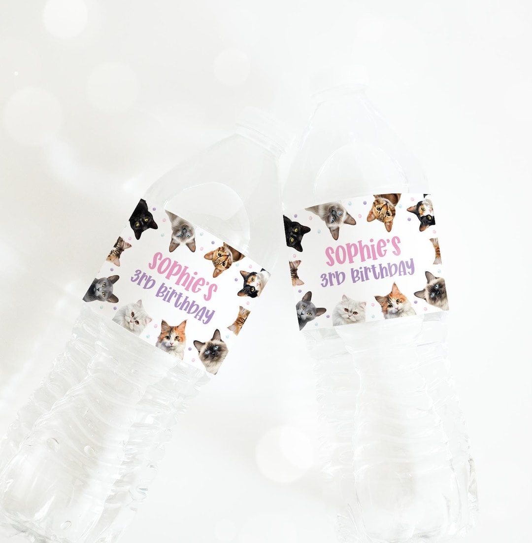 Cat Water Bottle Label, Kitten Girl Birthday Party Decor, Printable ...