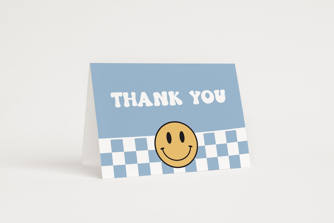 Editable Retro Smiley Face Boy Birthday Thank You Card Blue Checkered ...