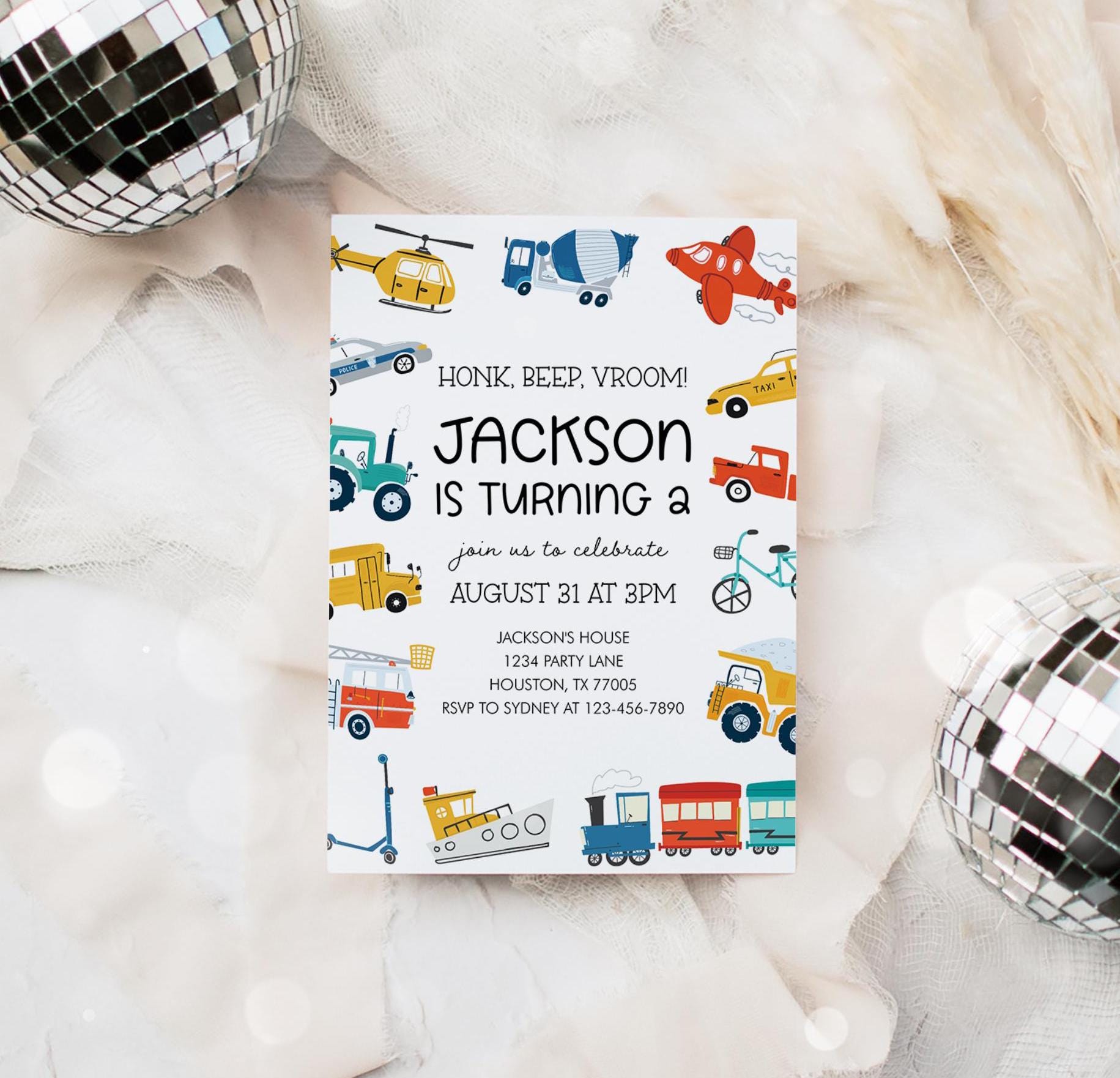 Transportation Birthday Invitation, Things That Go Party, Honk Beep ...