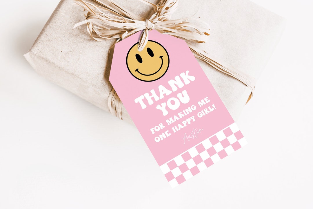 Editable Pink Smiley Face Birthday Party Favor Tag One Happy - Etsy