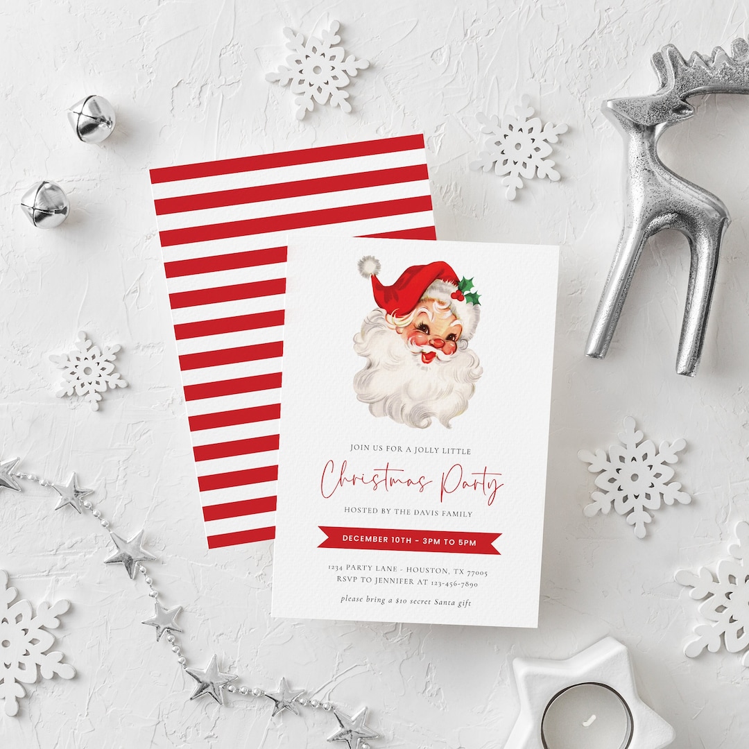 Vintage Santa Christmas Party Invitation, Santa Claus Christmas Party Invite, Editable Santa ...