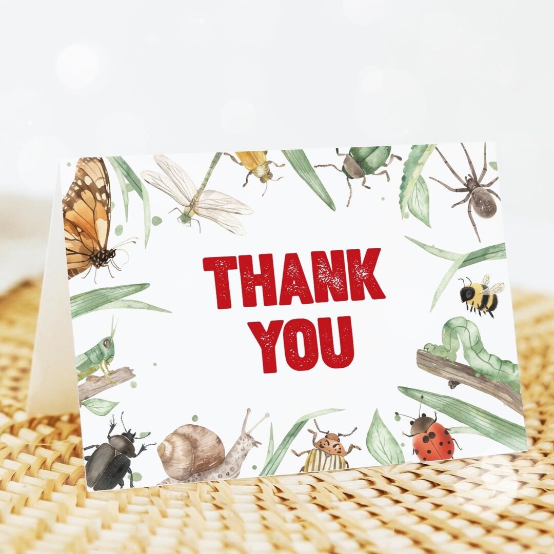 Bug Thank You Card Folded, Insect Thank You Note, Outdoor Theme Nature ...