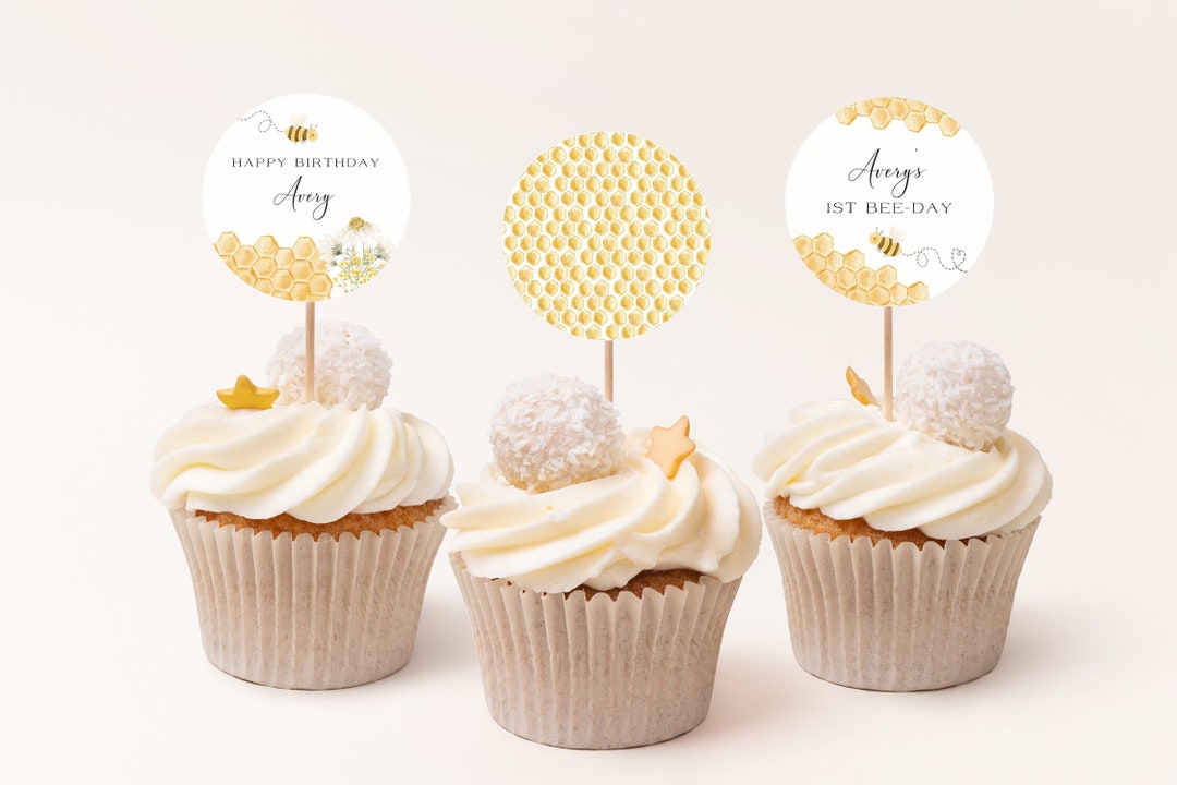 Editable Bee Cupcake Toppers Bumble Bee Cake Topper First Bee Day Girl ...
