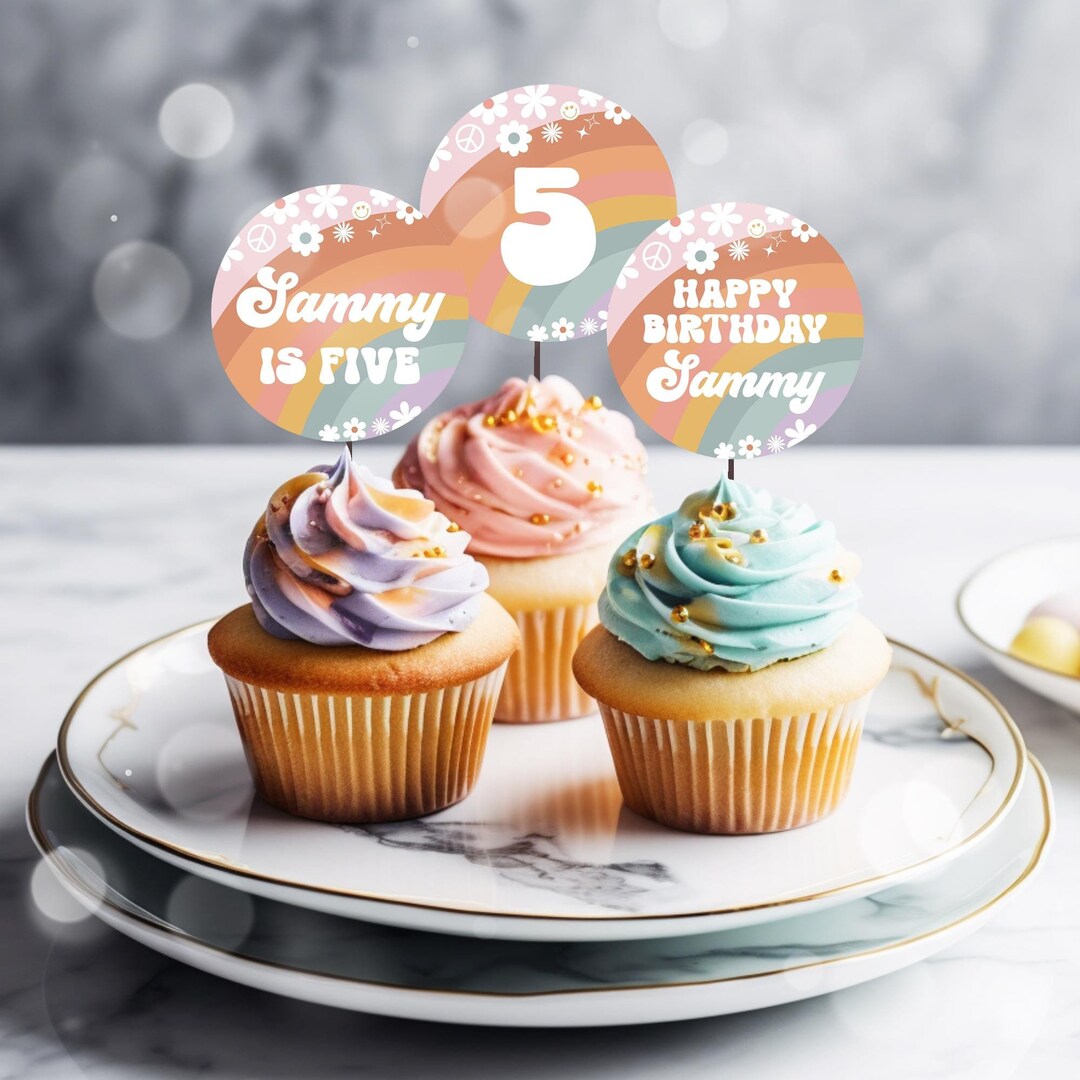 Editable Groovy Cupcake Toppers Flower Power Birthday Cupcake Topper ...