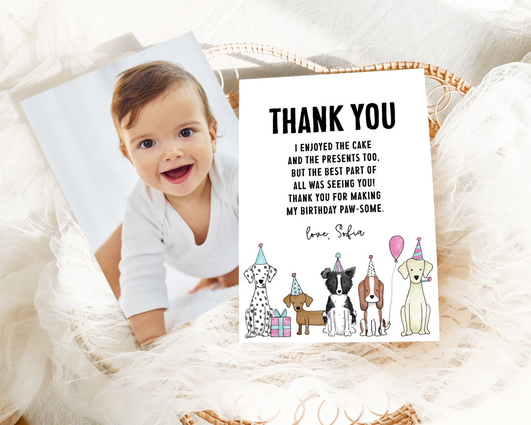 Editable Dog Thank You Card, Dog Theme Girl Birthday Photo Thank You ...