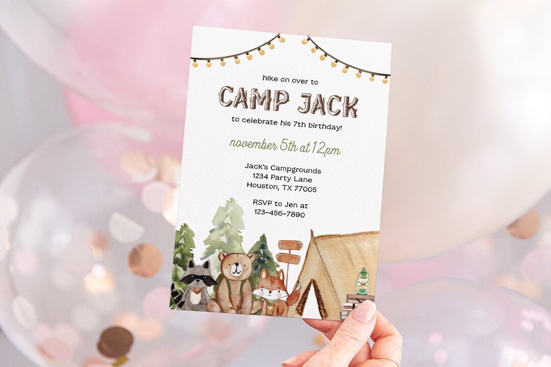 Editable Camping Birthday Invitation Camp Out Backyard Outdoor Boy ...