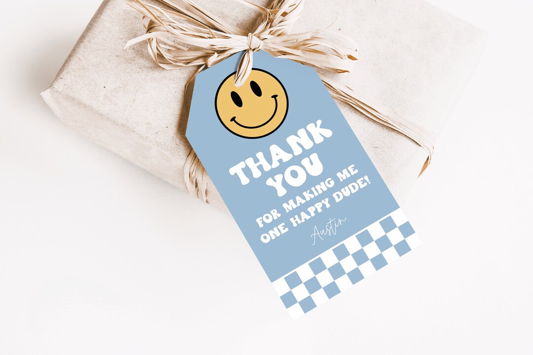 Editable Smiley Face Birthday Party Favor Tag One Happy Dude - Etsy