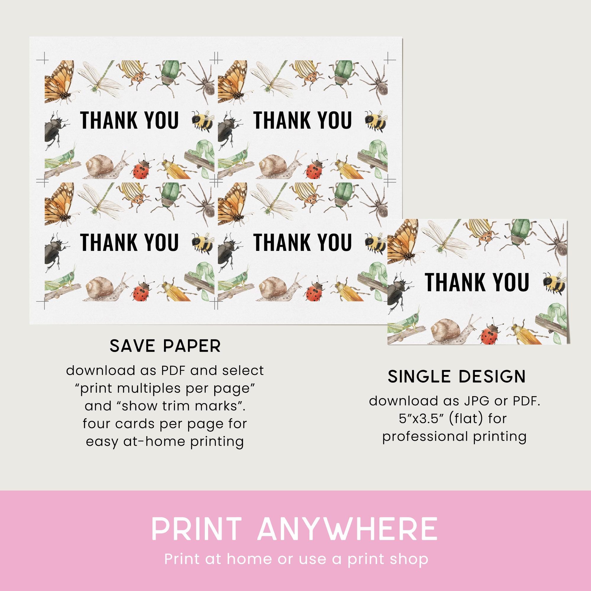 Bug Thank You Card, Insect Party Thank You Note, 5x3.5 Outdoor Theme ...