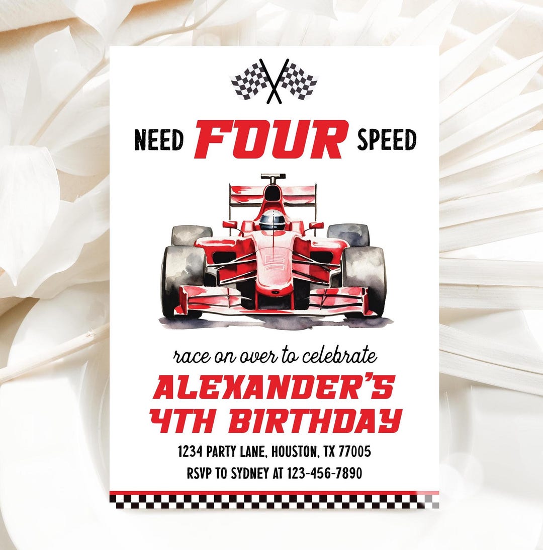 Need Four Speed Invitation, Race Car 4th Birthday Party, Red Racing Car ...