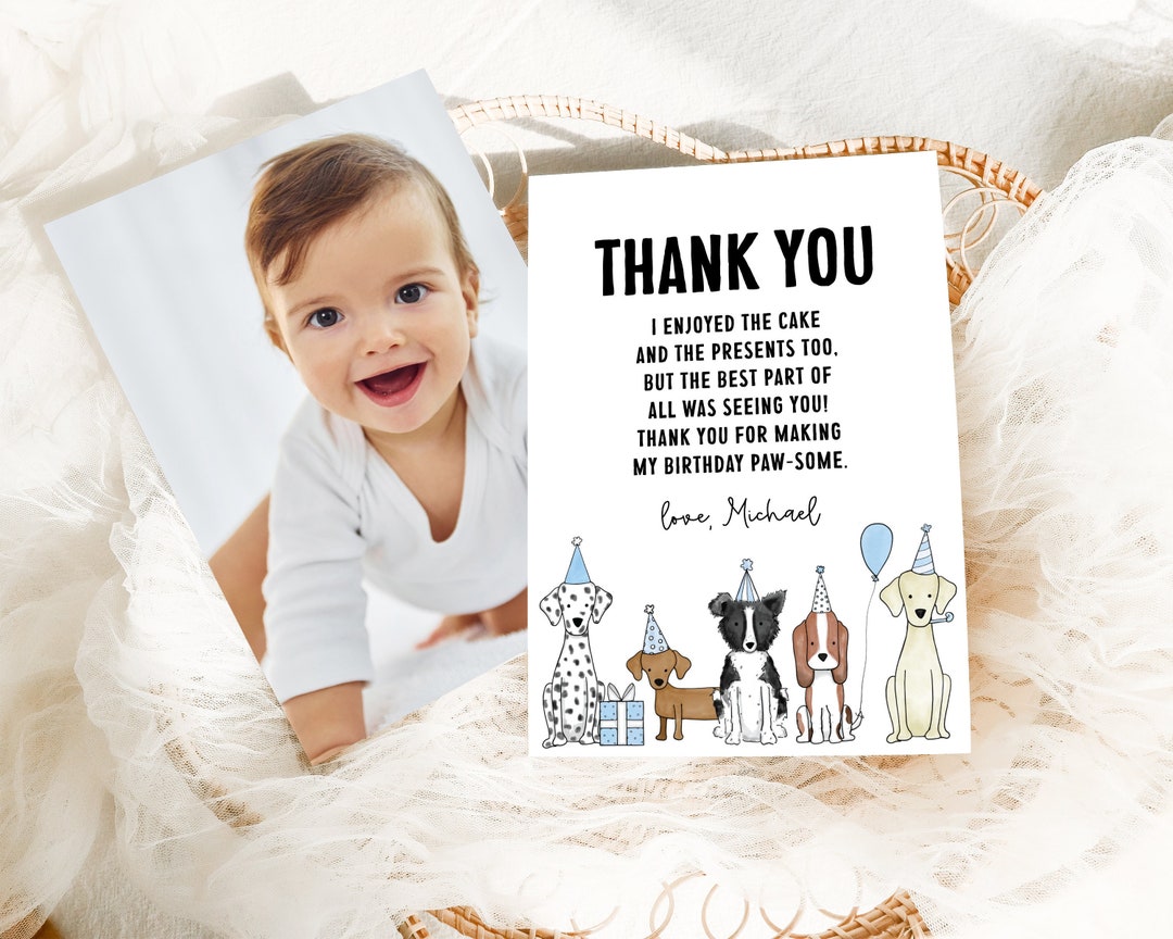 Editable Dog Thank You Card, Dog Theme Birthday Photo Thank You Card ...