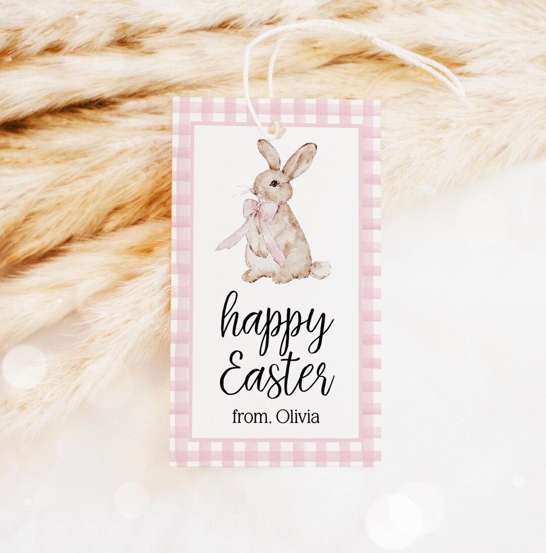 Printable Easter Tag, Pink Gingham Easter Bunny Tag, Kids School Friend ...