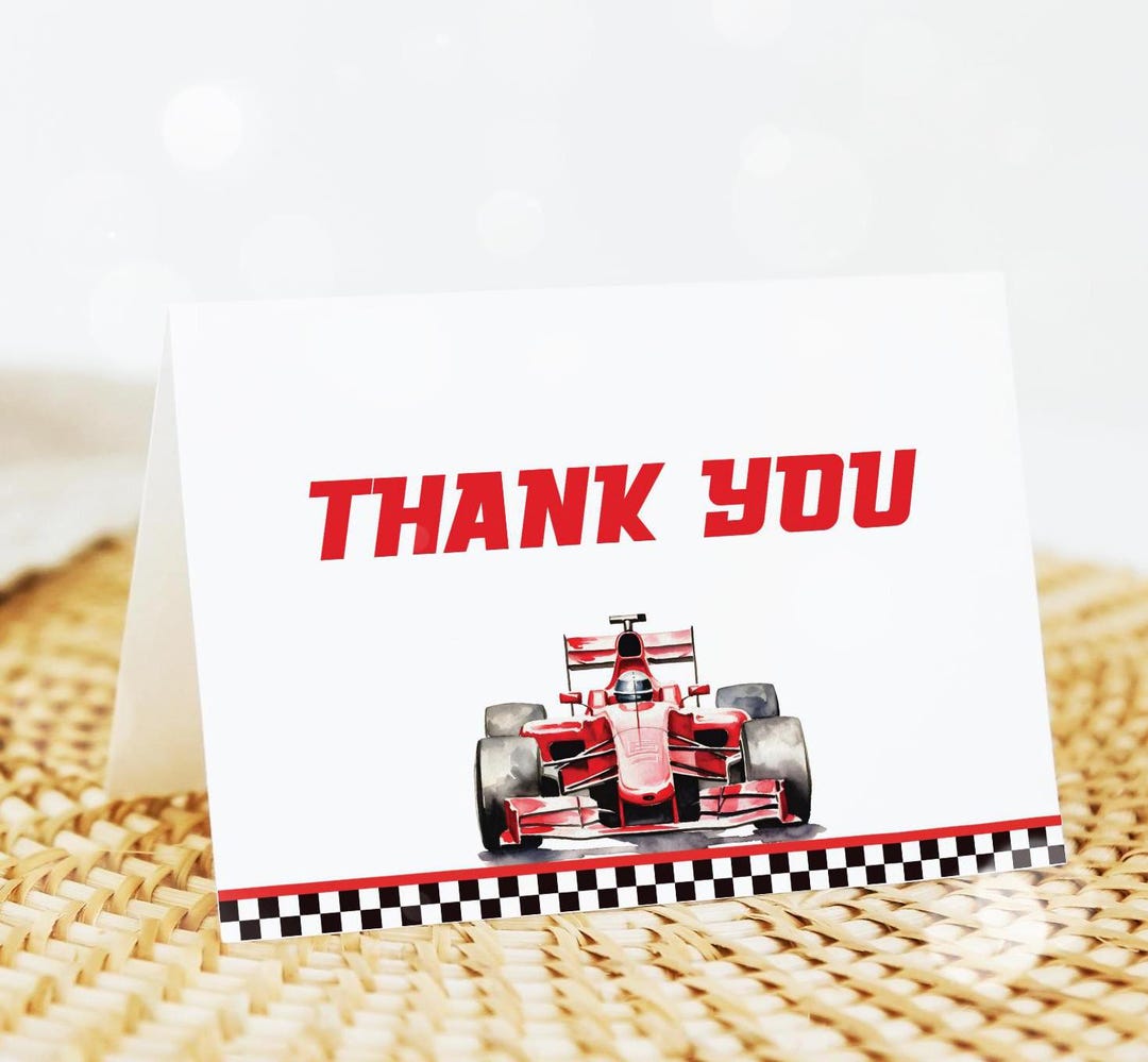 Race Car Thank You Card, Red Racecar Birthday Thank You, Racing Folded ...